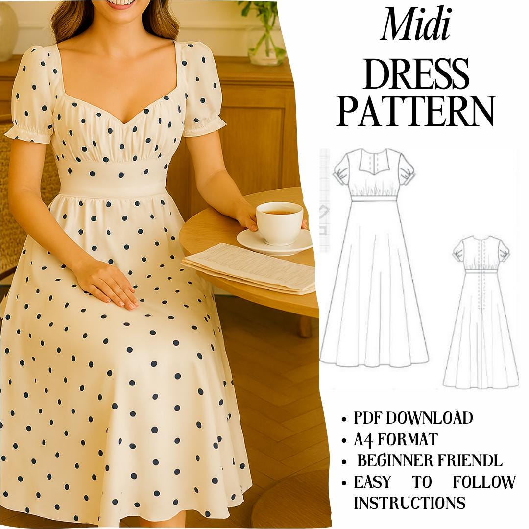 Elegant Midi Dress Sewing Pattern – Sweetheart Neckline, Gathered Bust ...