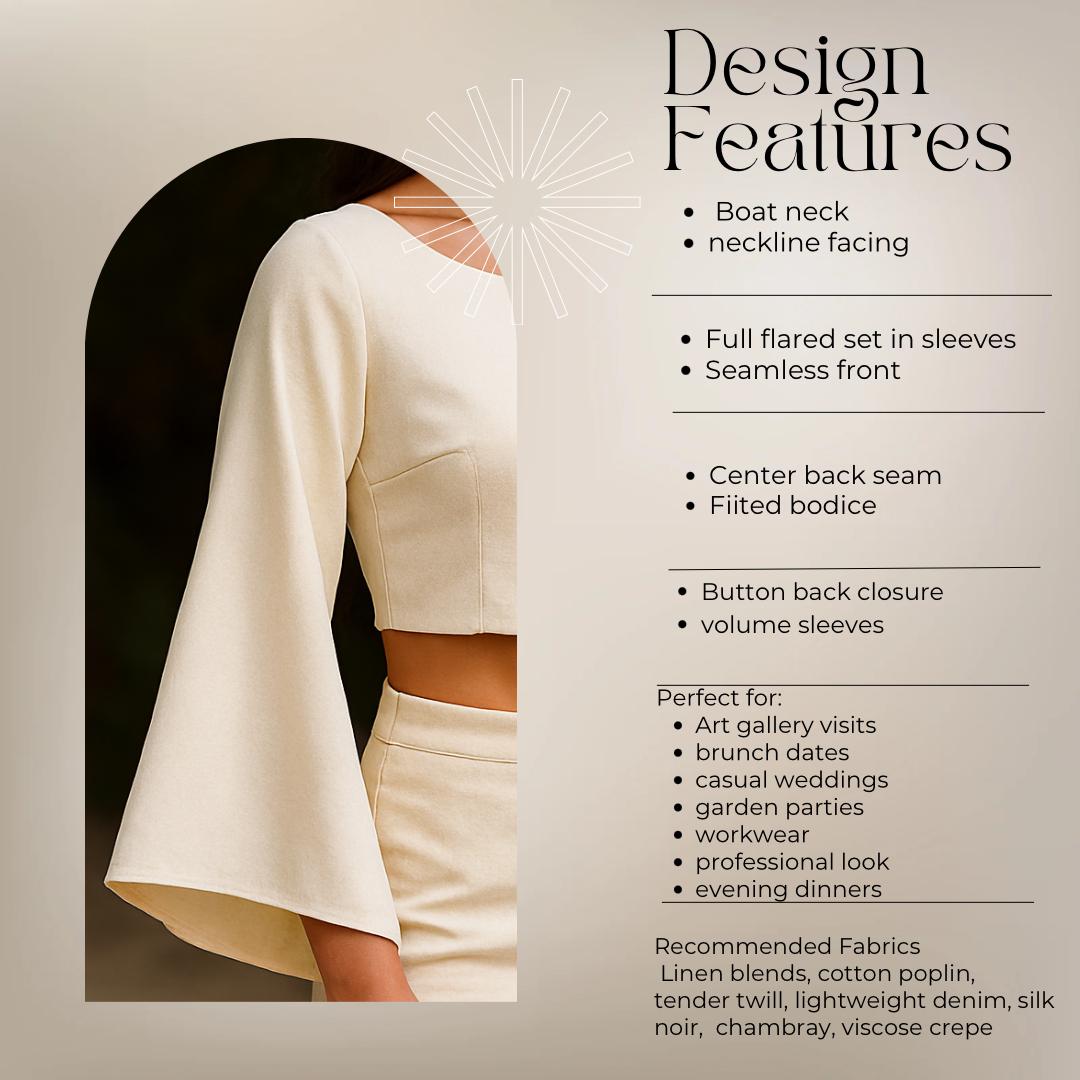 Bell Sleeve Blouse Sewing Pattern – Boat Neck, Fitted Bodice (PDF ...