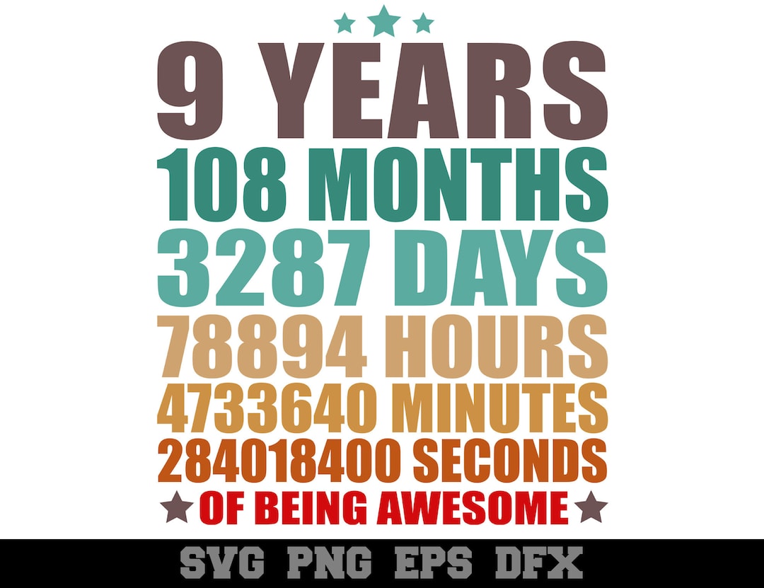 9th Birthday 9 Years 108 Months of Being Awesome 9 Years Old SVG Funny ...