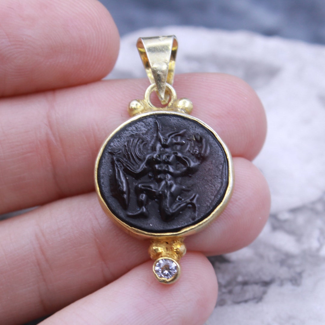 Intaglio Enamel Roman Pendant With Zircon, Sterling Silver Pendant ...
