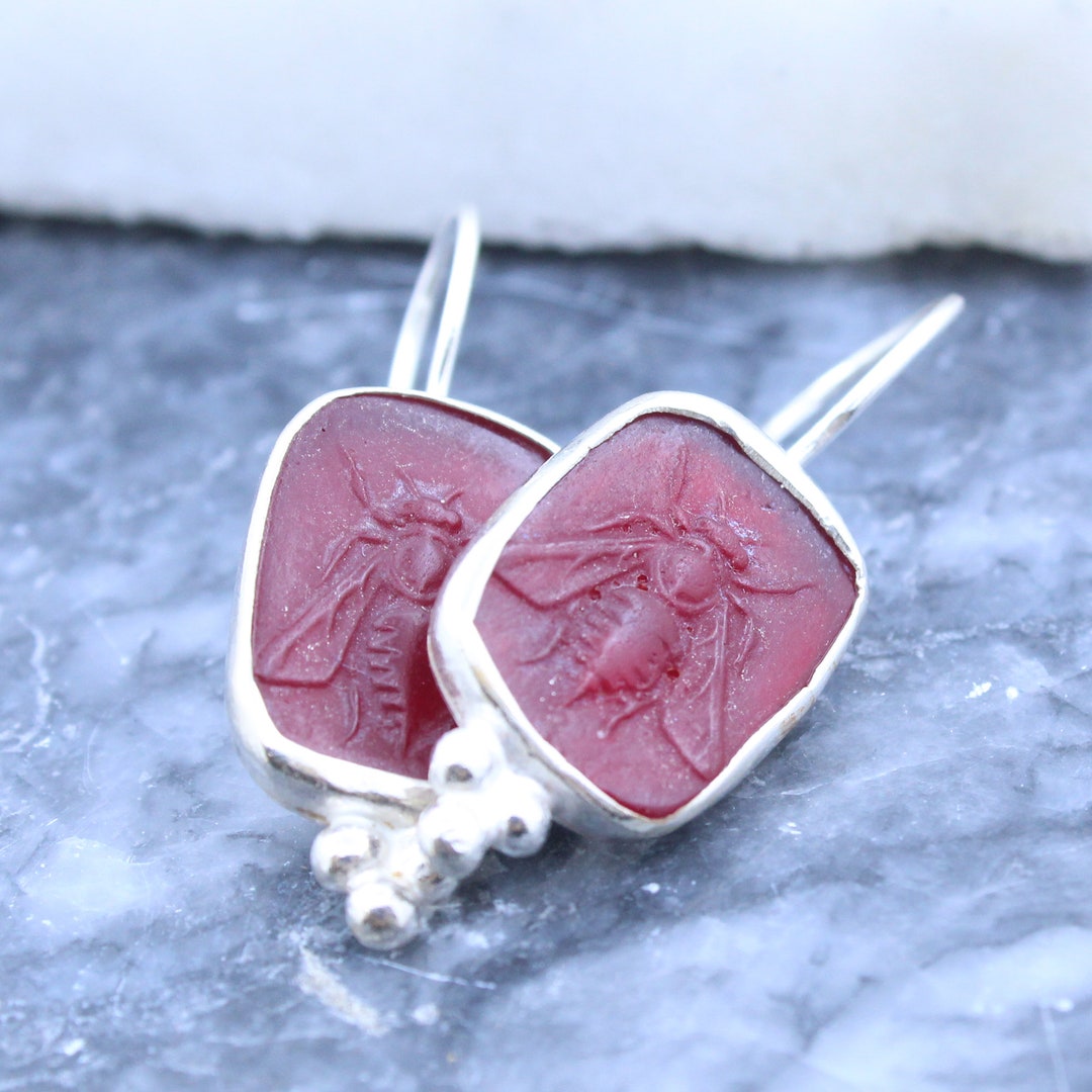 Intaglio Enamel Greek Bee Earring, 925 K Sterling Silver Earring ...