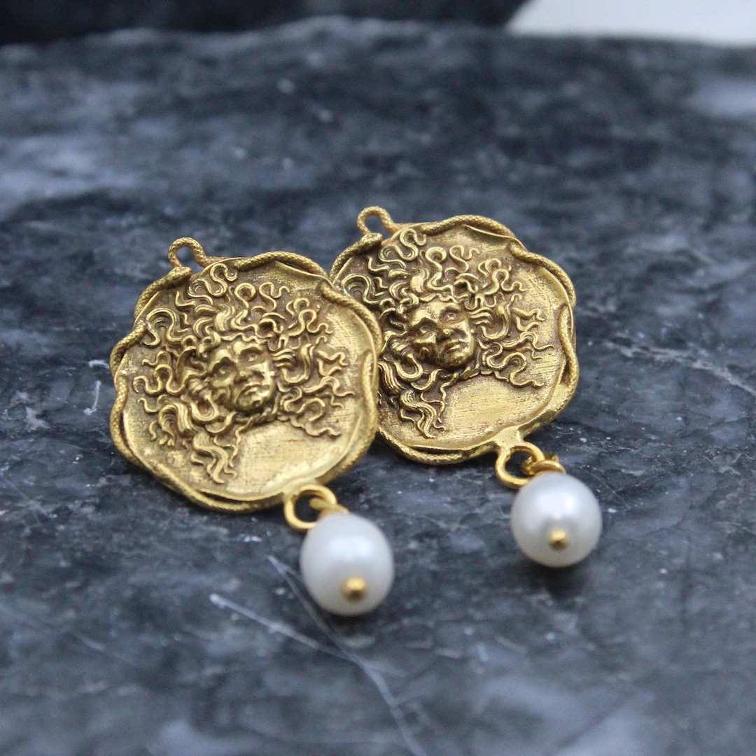 Intaglio Bronze Medusa Earring With Pearl 925K Silver Earring, Sterling ...