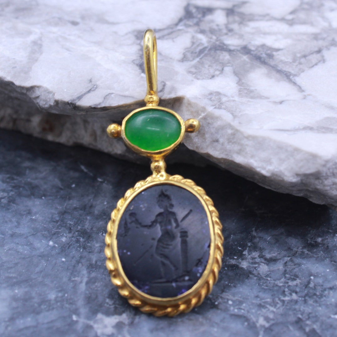 Greek Intaglio Glass Pendant With Emerald, Sterling Silver 24k Gold ...