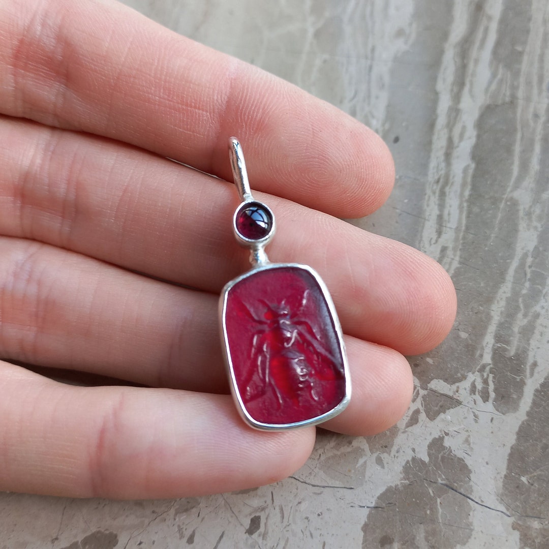 Handmade Silver Bee Intaglio Pendant: Garnet Accent, Roman Style - Etsy
