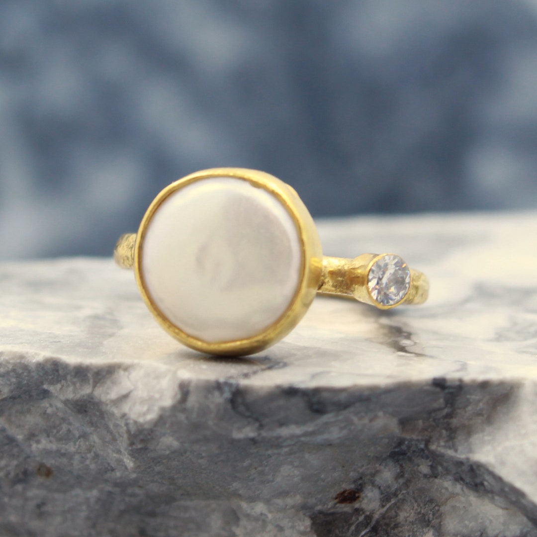 Hand Crafted Pearl Ring, Silver Pearl Ring With Zircon, Statement Ring ...
