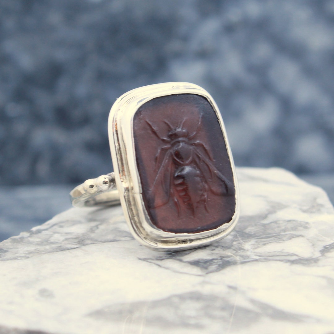 Roman Intaglio Glass Bee Silver Ring 925K, Handmade Designer Ring ...