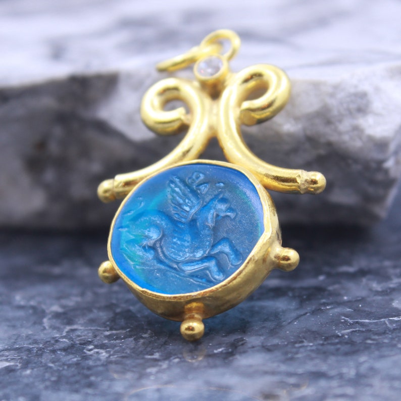Intaglio Glass Pendant With Zircon, Sterling Silver Pendant, Coin ...