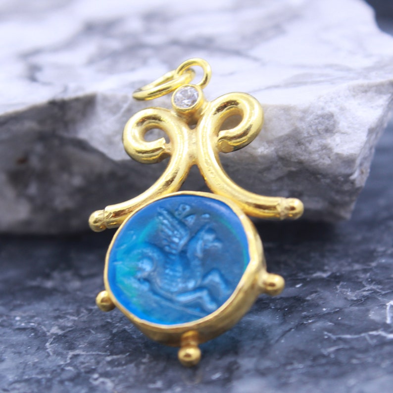 Intaglio Glass Pendant With Zircon, Sterling Silver Pendant, Coin ...