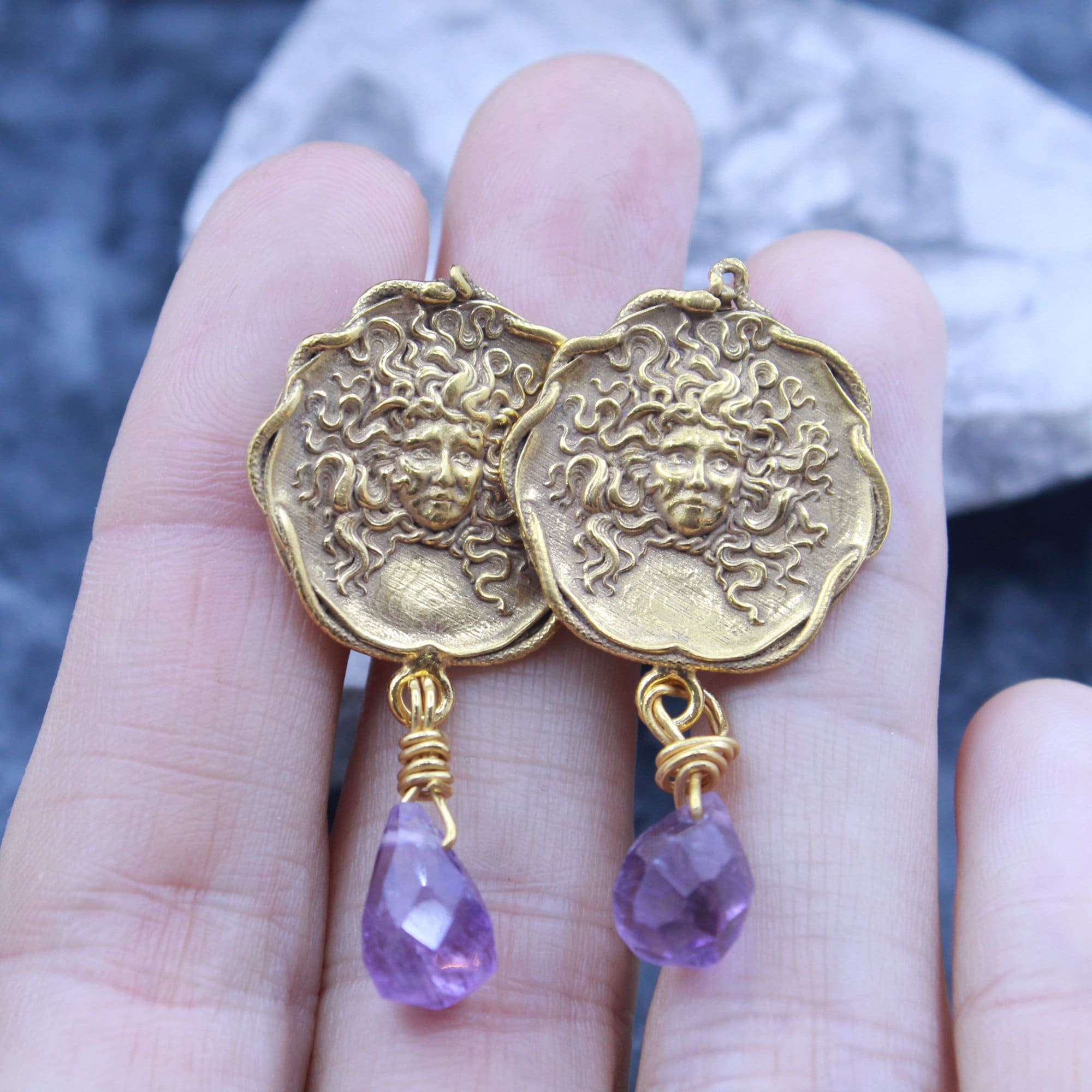 Intaglio Bronze Medusa Earring With Amethyst 925K Silver Earring ...