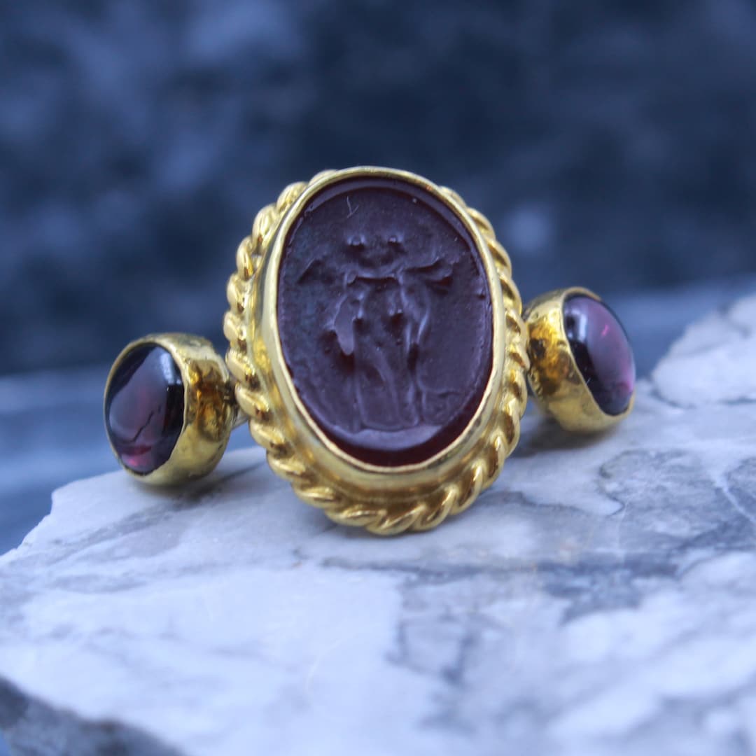 Intaglio Glass Silver Ring With Garnet 925K 24K Gold Over, Designer ...