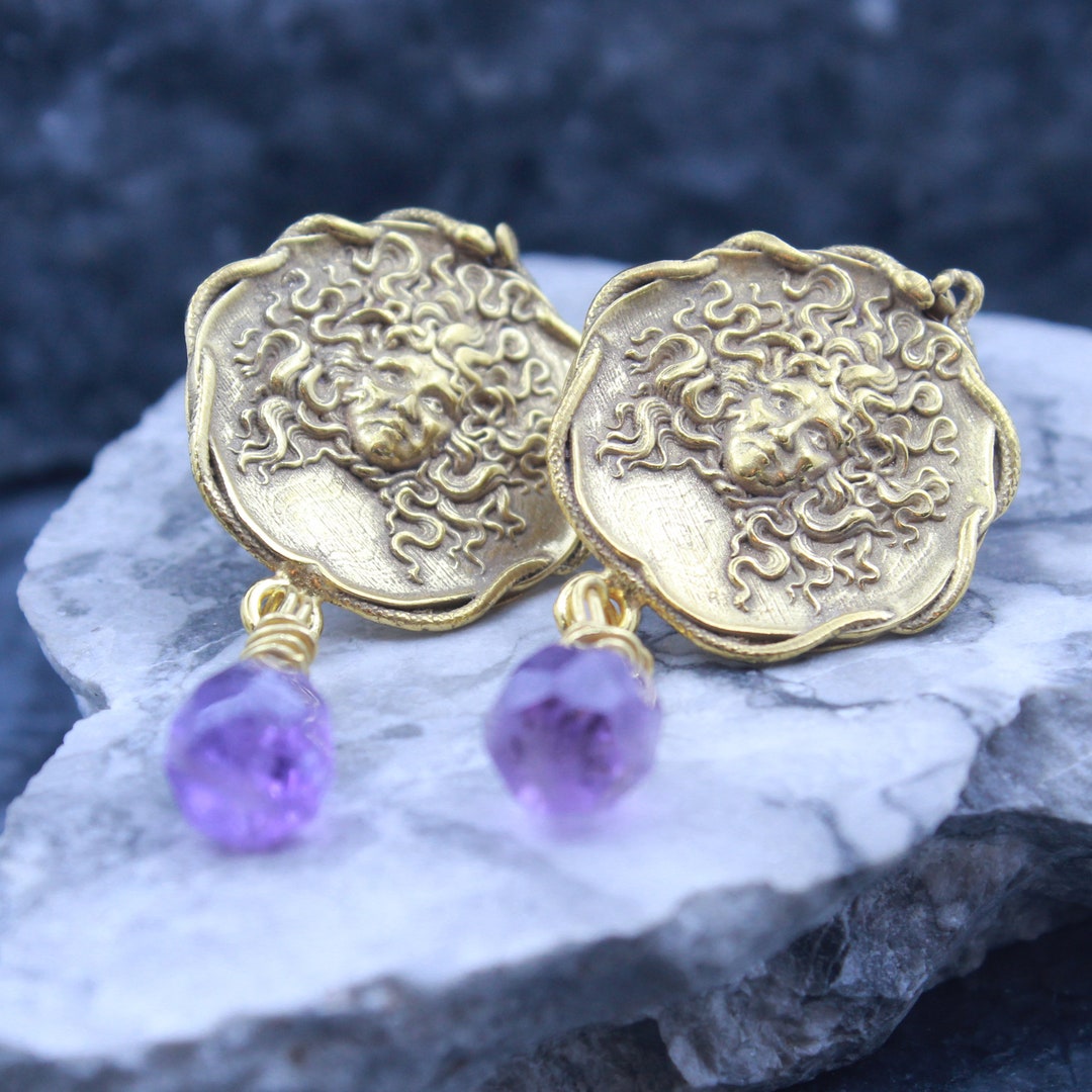 Intaglio Bronze Medusa Earring With Amethyst 925K Silver Earring ...