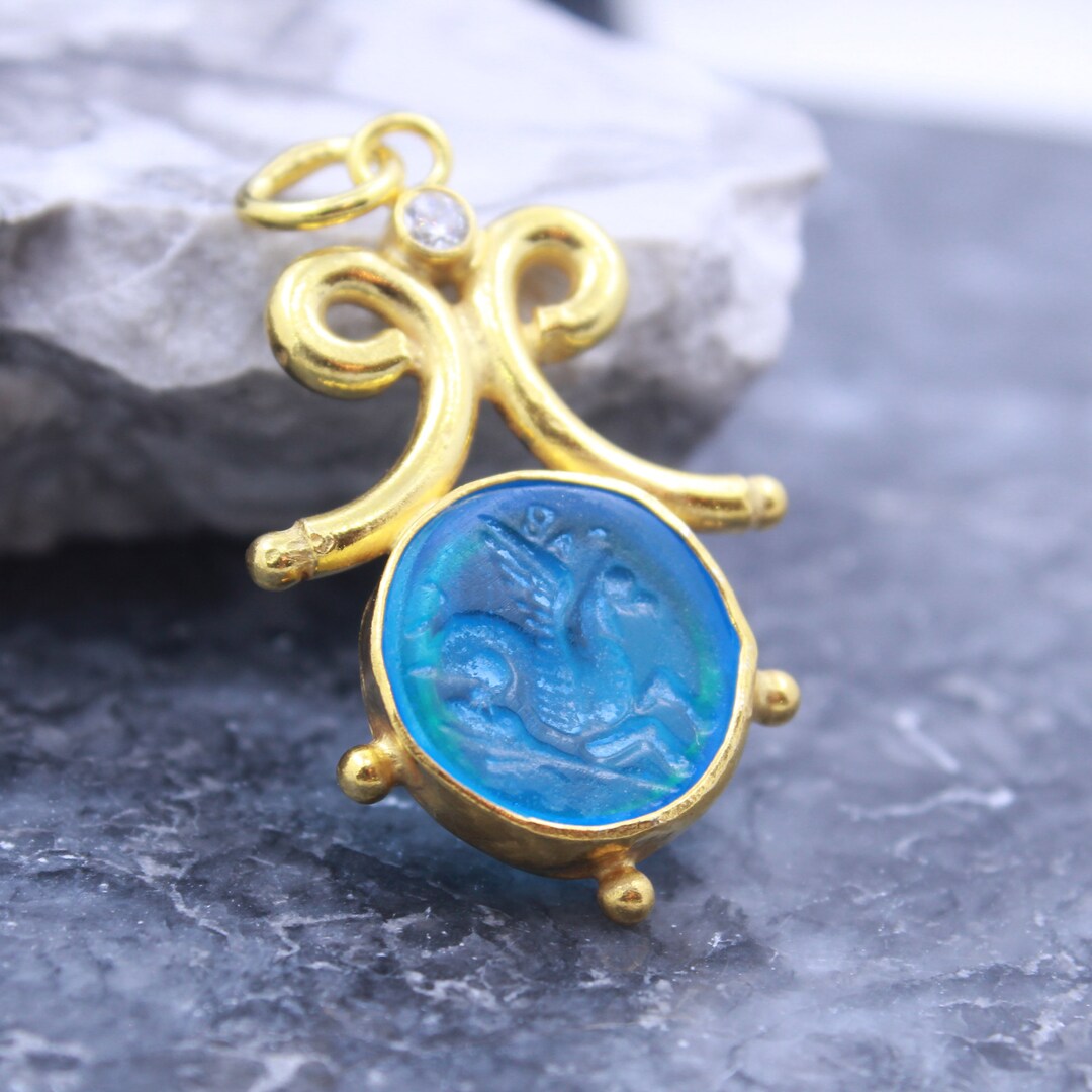 Intaglio Glass Pendant With Zircon, Sterling Silver Pendant, Coin ...
