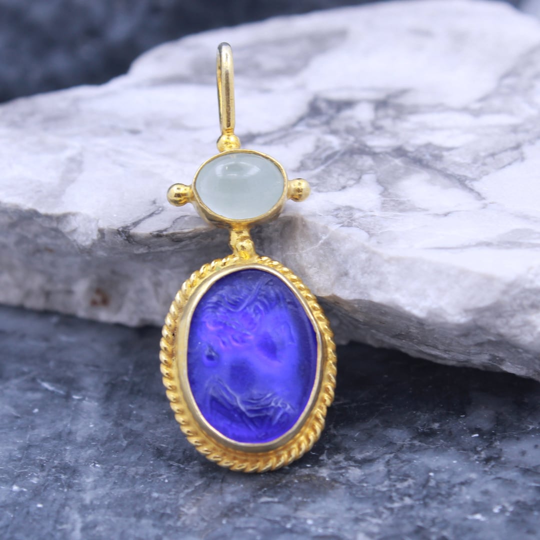 Greek Intaglio Glass Pendant With Moonstone, Sterling Silver 24k Gold ...
