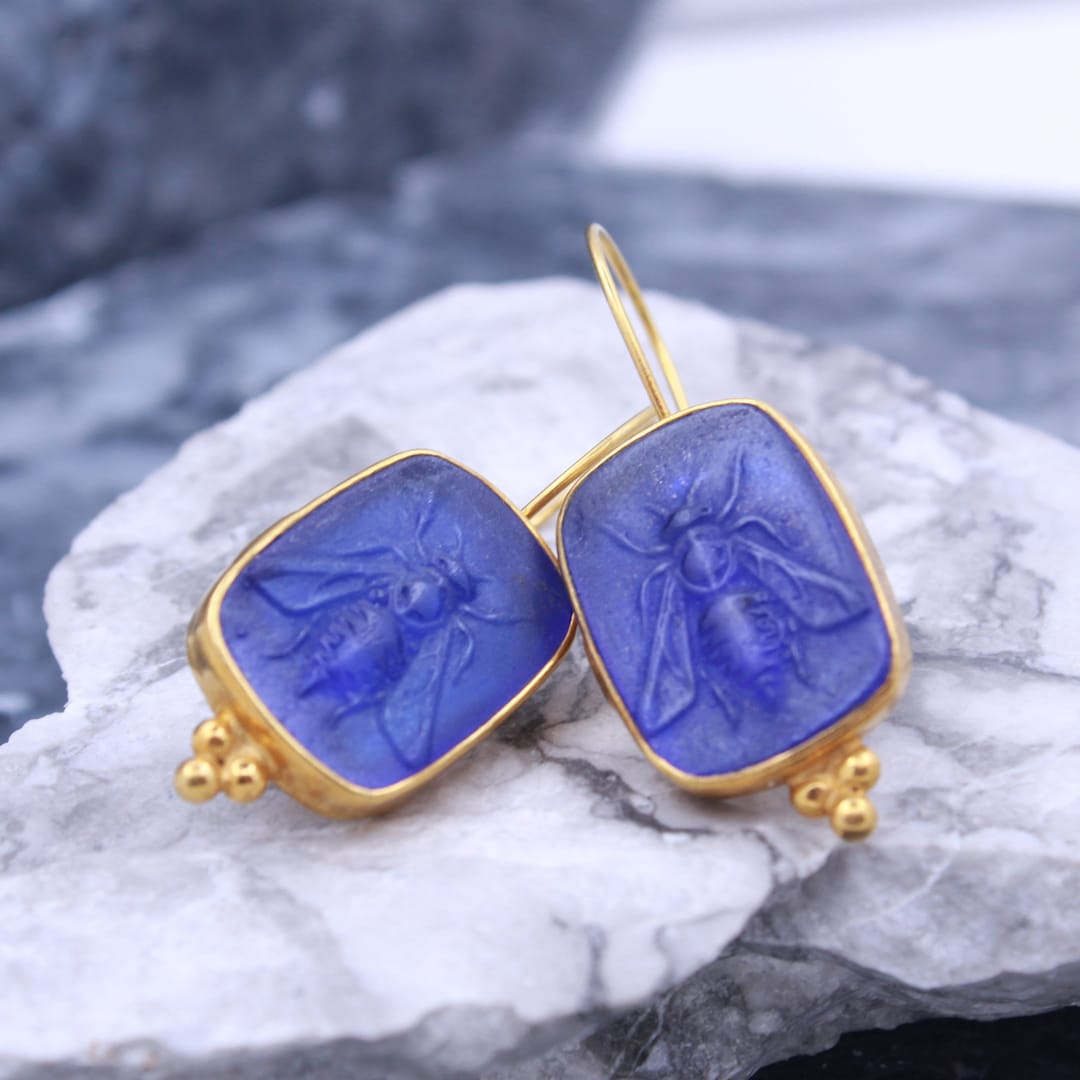 Intaglio Glass Greek Bee Earring, 925 K Sterling Silver Earring ...
