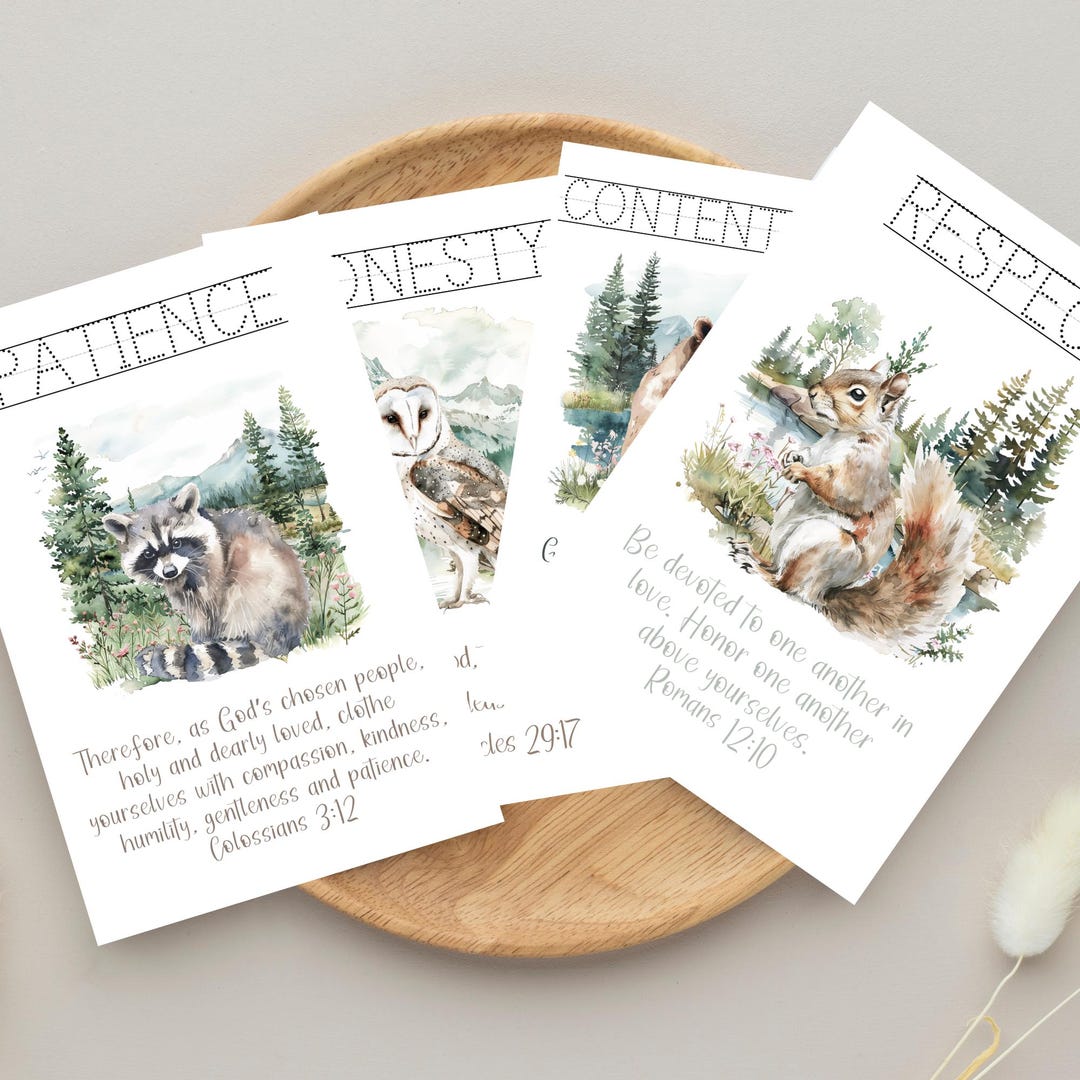 Digital Christian Character Cards, Bible Verse Memory Cards, Forest ...