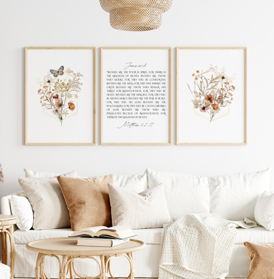 Matthew 5:2-10, the Beatitudes, Boho Scripture Wall Art, Wildflower ...