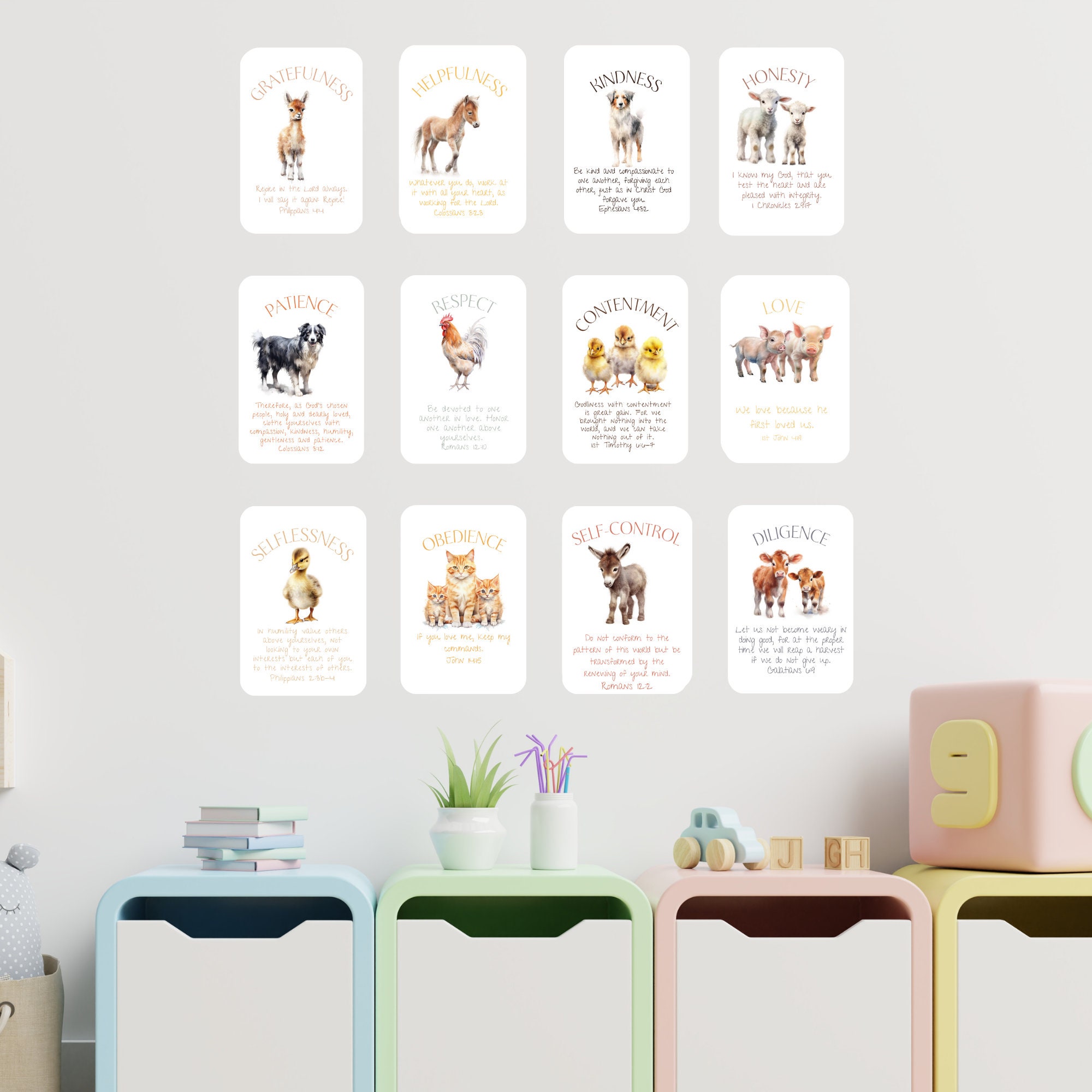 Digital Christian Character Cards Bible Memory Verse Cards Farm Animals ...