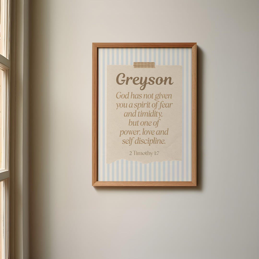 2 Timothy 1:7, Boy Room Wall Art, Blue Stripe Print, Bible Verse ...