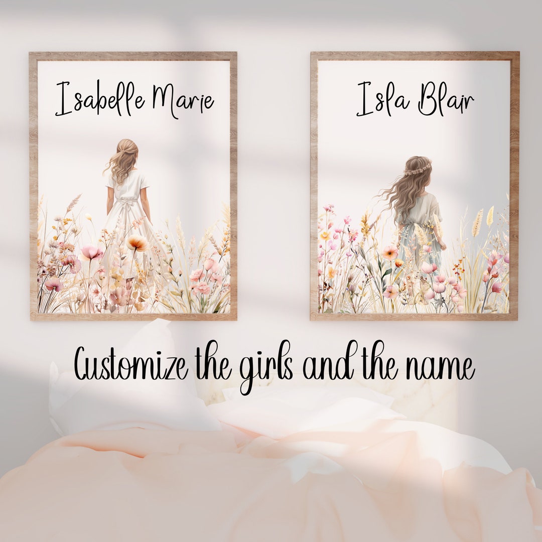 Wildflower Boho Wall Art, Sister Wall Decor, Custom Name Wall Art ...