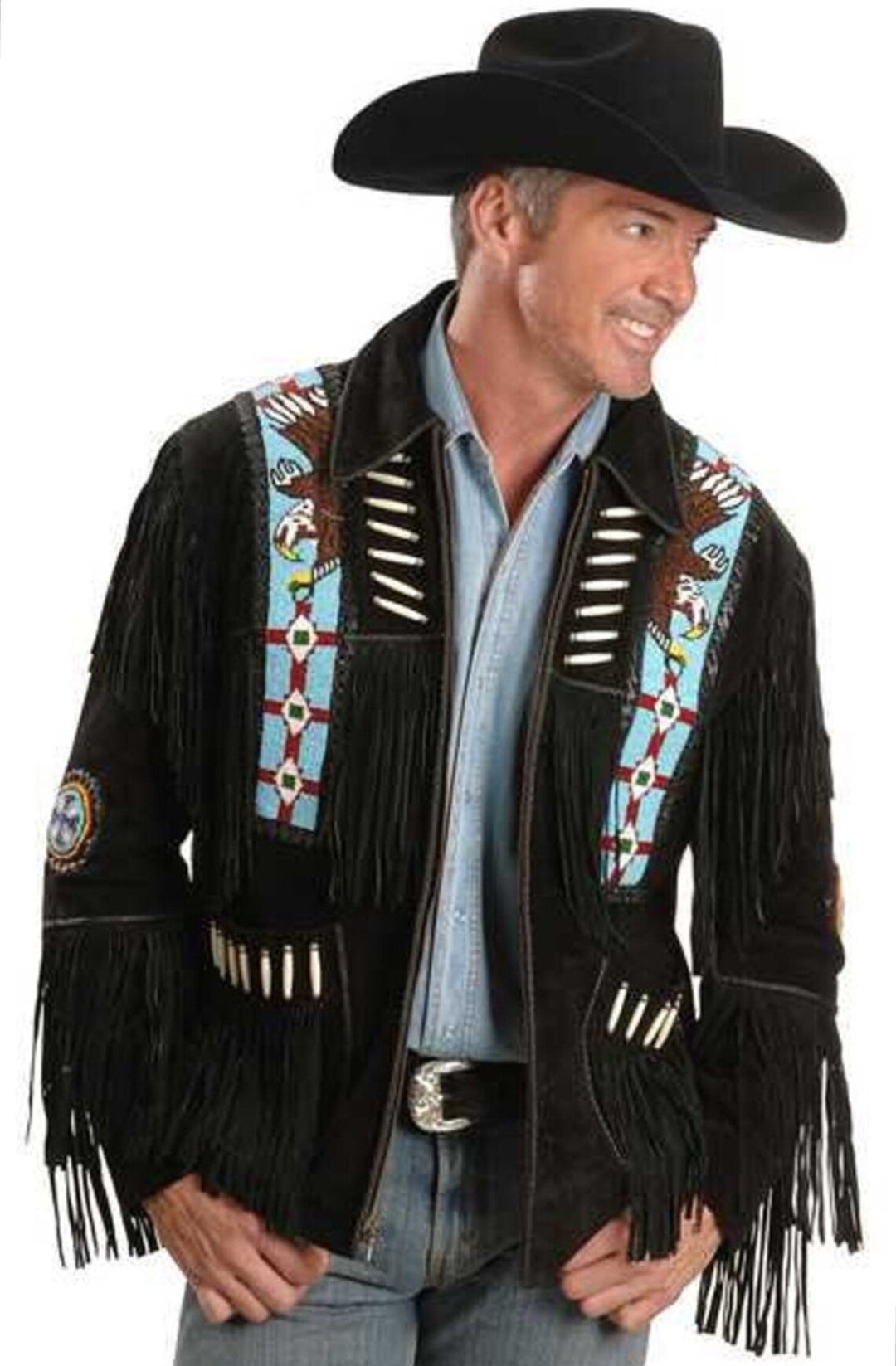 Black Suede Handmade Braided Beads Crafted Men's Western Jacket Black ...