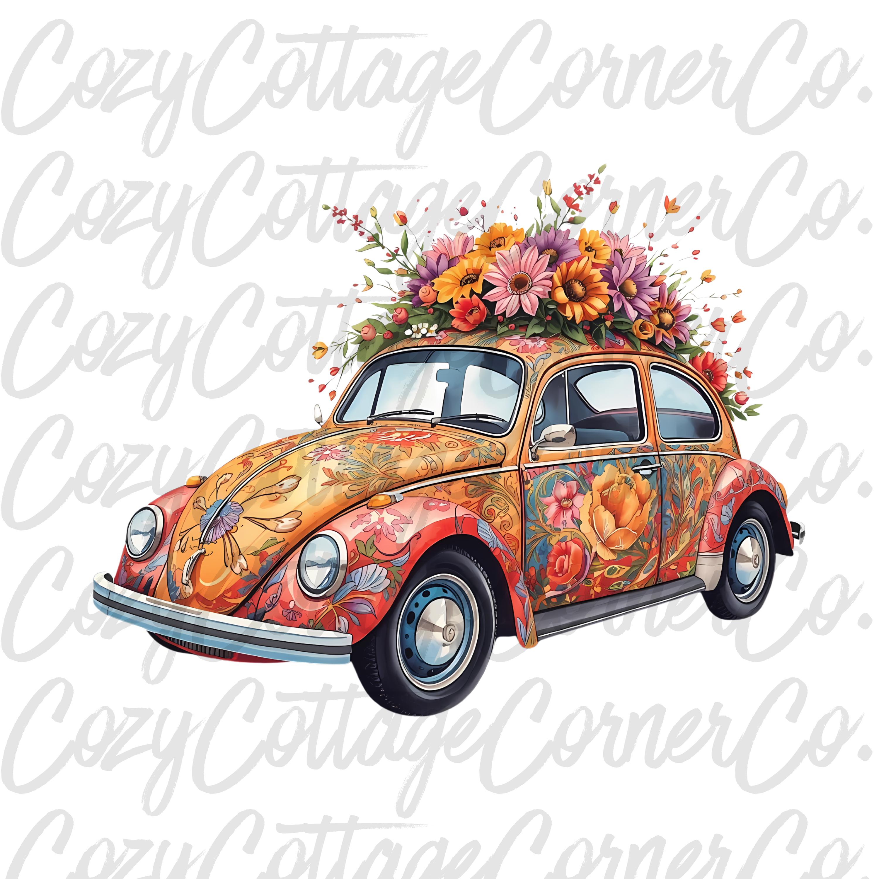 Vintage Car Clipart Floral Design Wedding Invitation Graphic Element ...