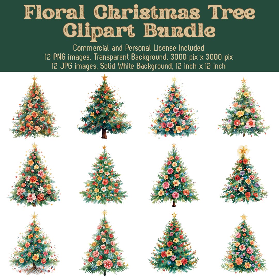 Christmas Tree Watercolor Clipart Floral Holiday Graphic Design Bundle ...