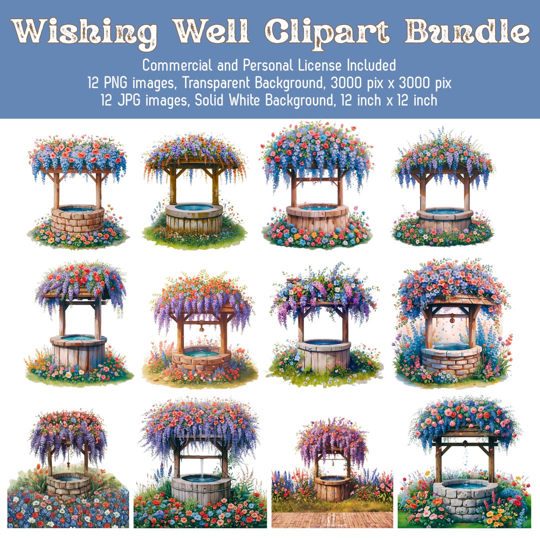 Wishing Well Clipart Digital Illustration Fairy Tale Garden Graphic ...