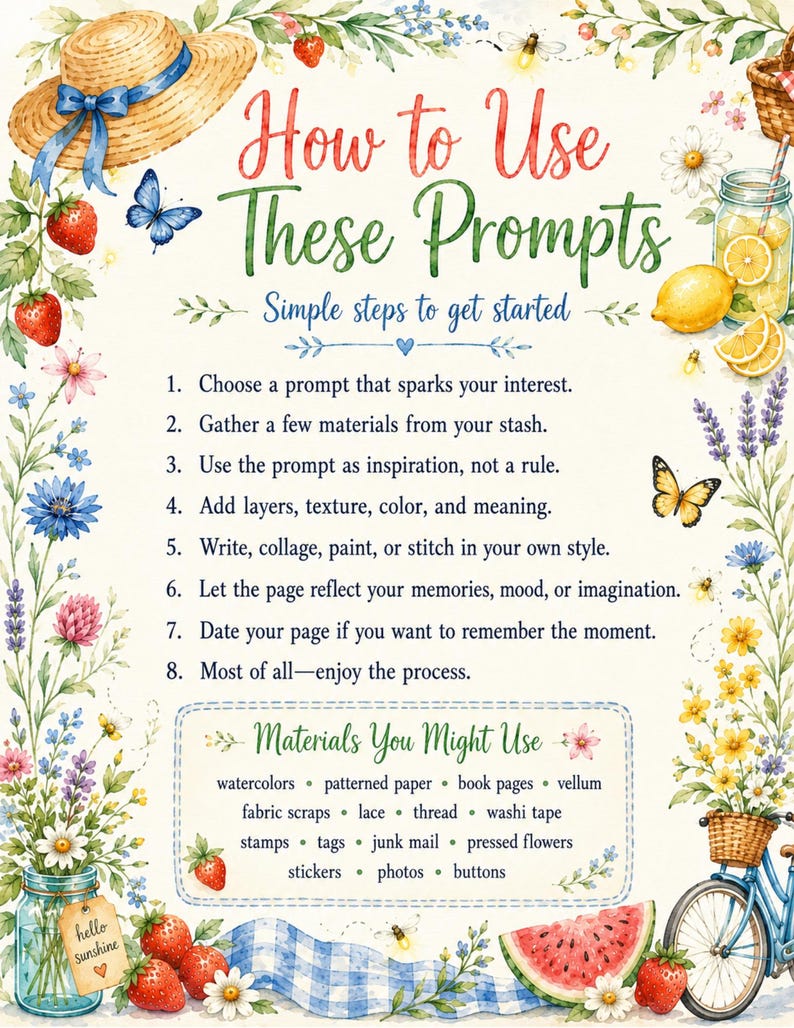 June Art Prompt List Printable Pages Junk Journals Mixed Media Artist ...