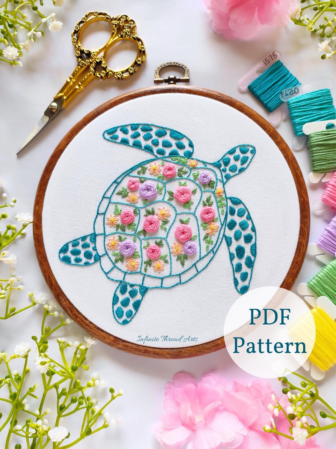 Floral Turtle Hand Embroidery Pattern: Modern DIY Hoop Art (PDF Pattern ...