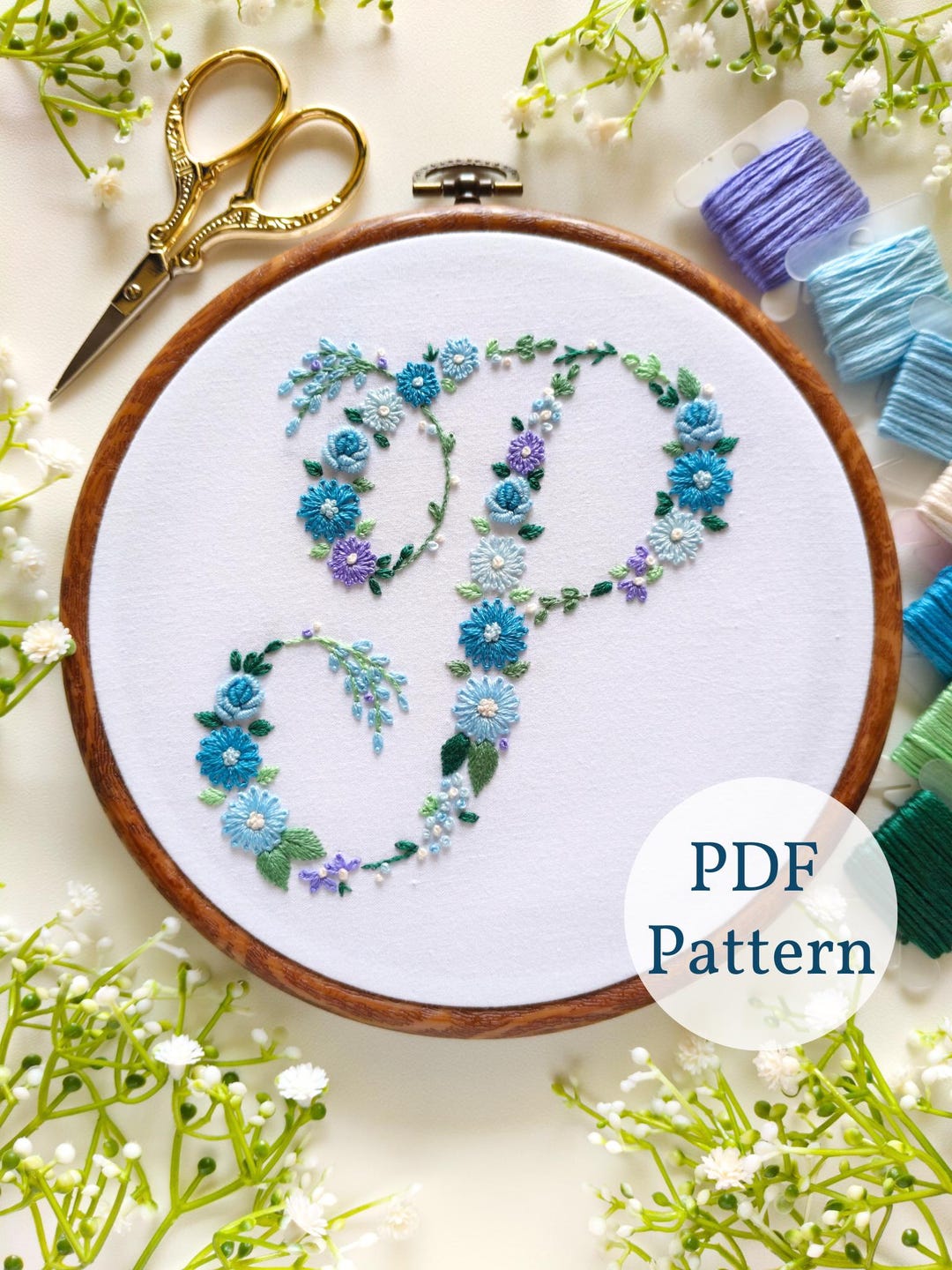 Floral Letter P Embroidery Pattern, Modern DIY (PDF Pattern) - Etsy