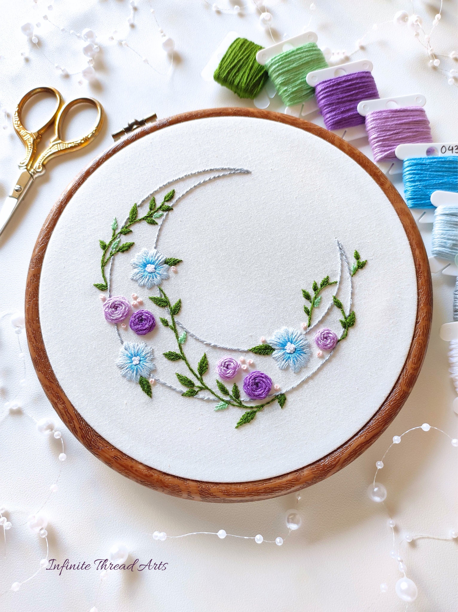 Floral Moon Embroidery PDF Pattern, Crescent Moon Hand Embroidery ...