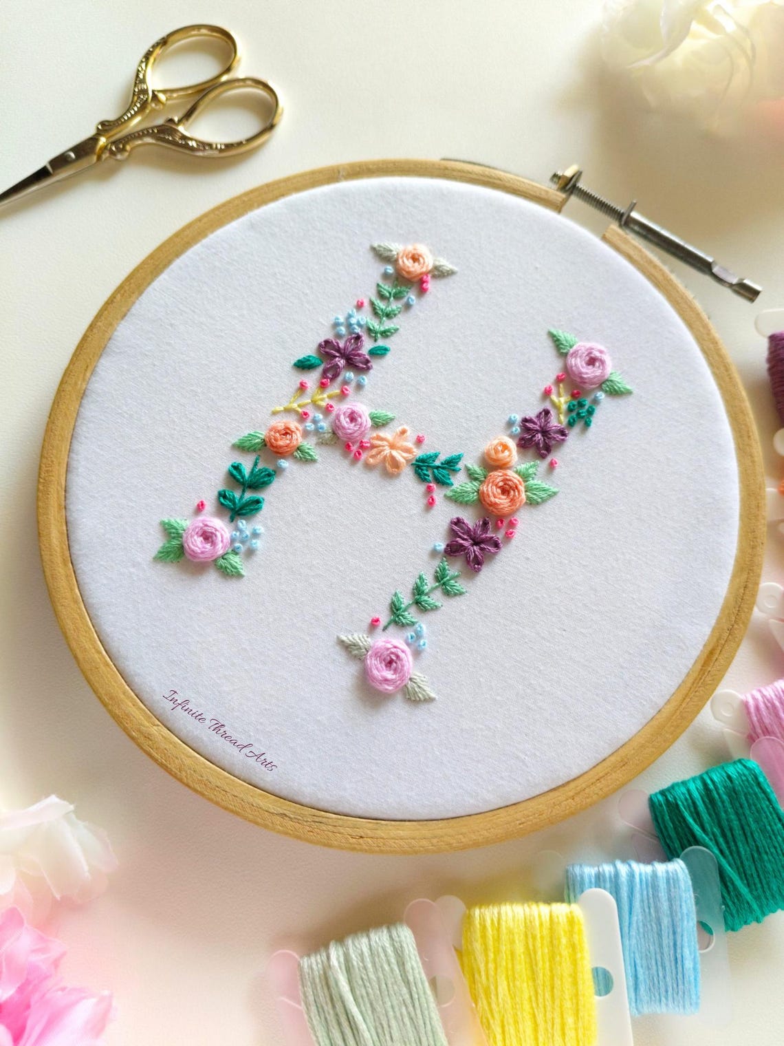 Floral Letter 'H' Embroidery PDF Pattern, Initial Hand Embroidery ...
