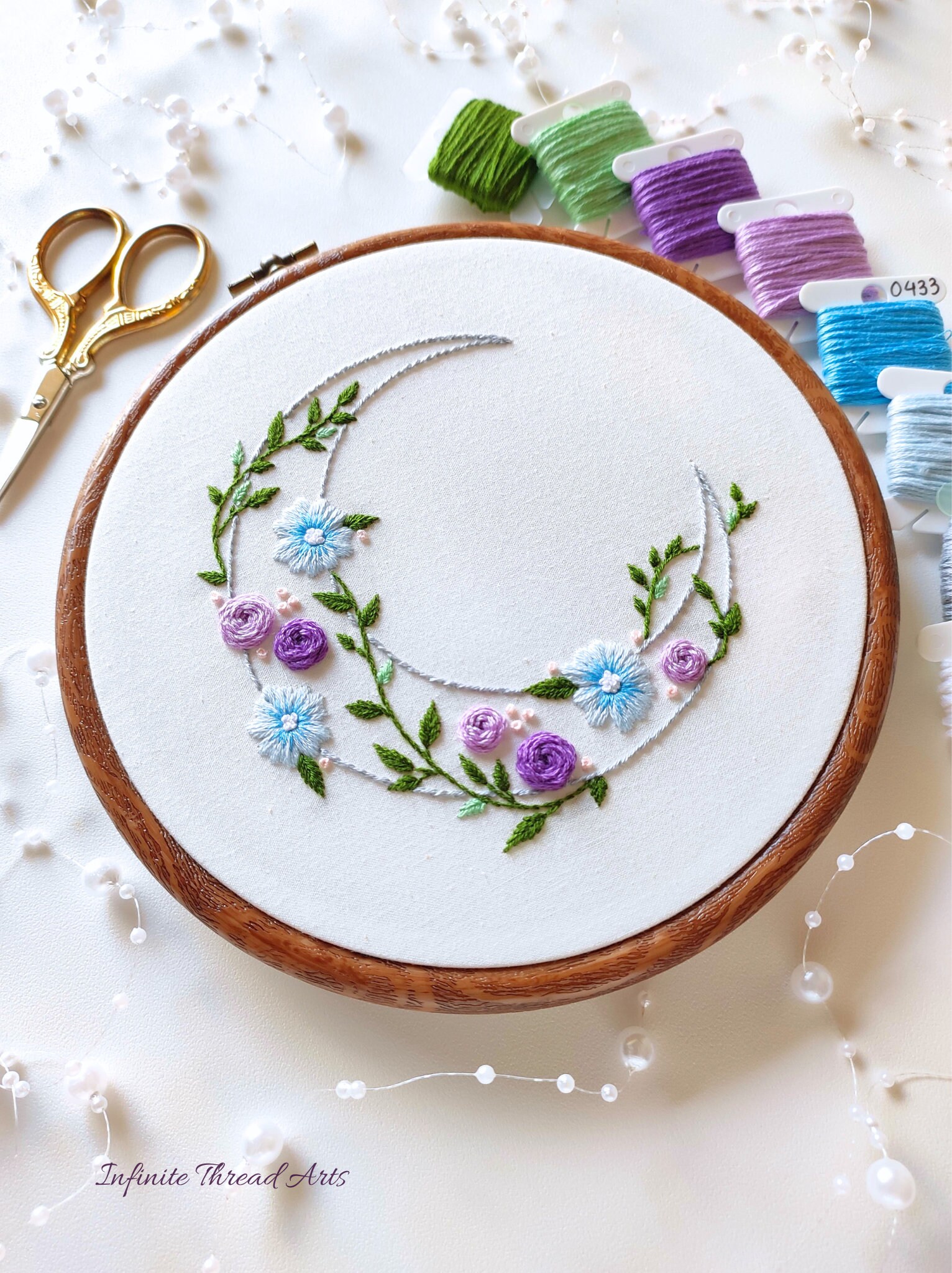Floral Moon Embroidery PDF Pattern, Crescent Moon Hand Embroidery ...