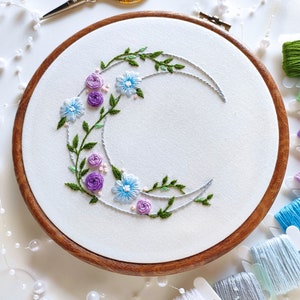 Floral Moon Embroidery PDF Pattern, Crescent Moon Hand Embroidery ...