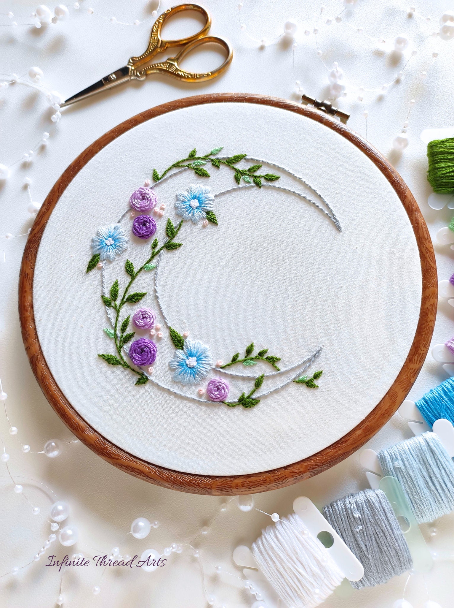 Floral Moon Embroidery PDF Pattern, Crescent Moon Hand Embroidery ...