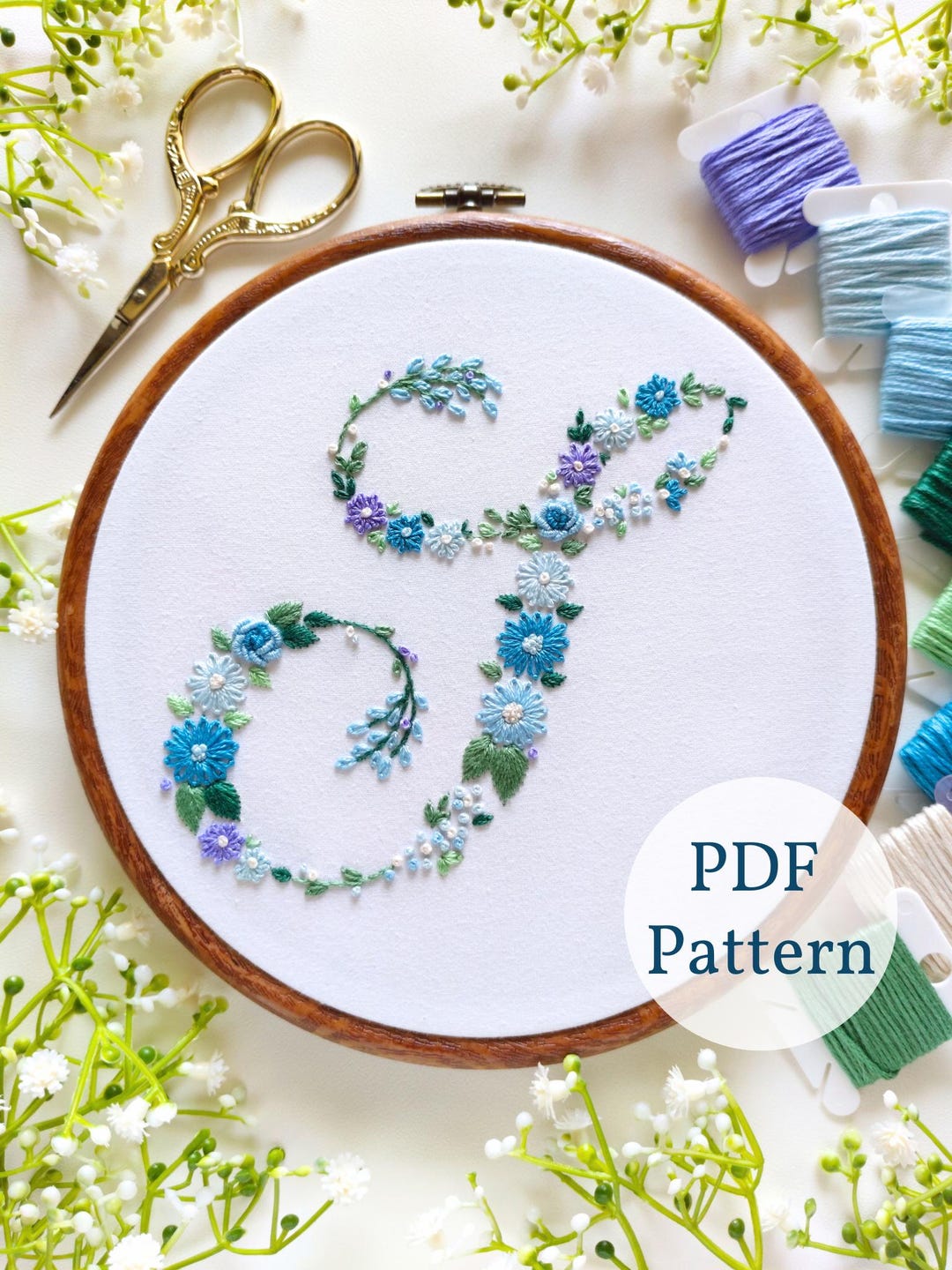 Floral Letter S Embroidery Pattern: DIY Alphabet (PDF Pattern) - Etsy