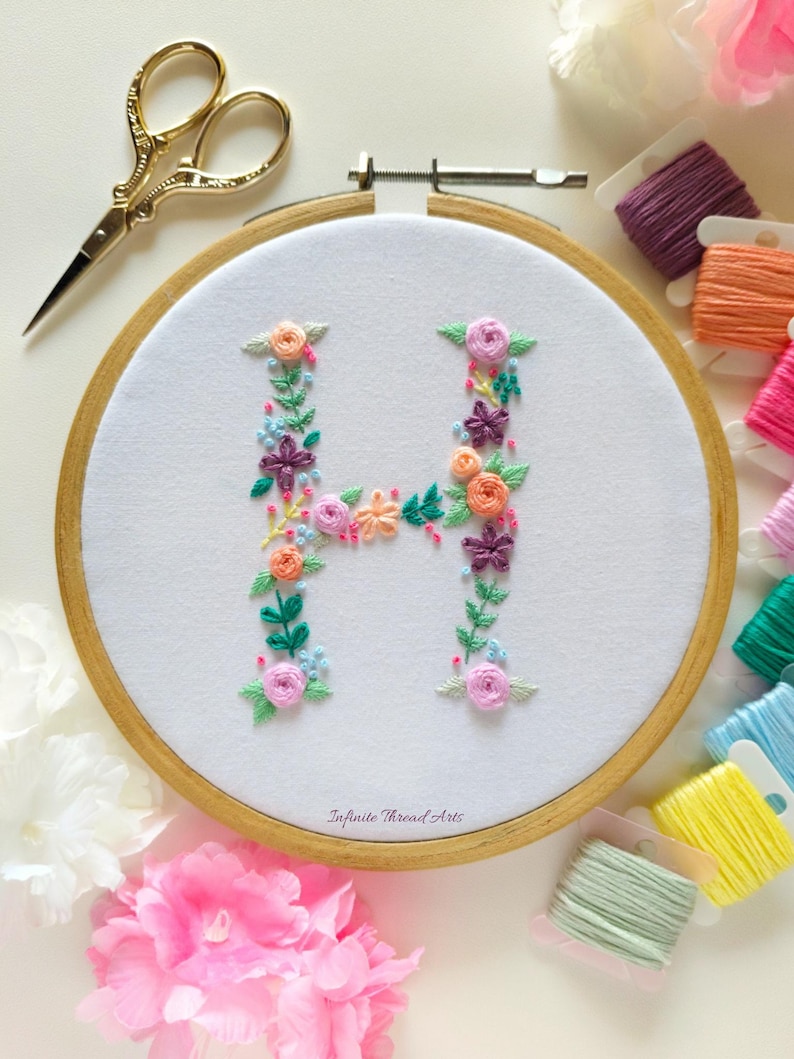 Floral Letter 'H' Embroidery PDF Pattern, Initial Hand Embroidery ...