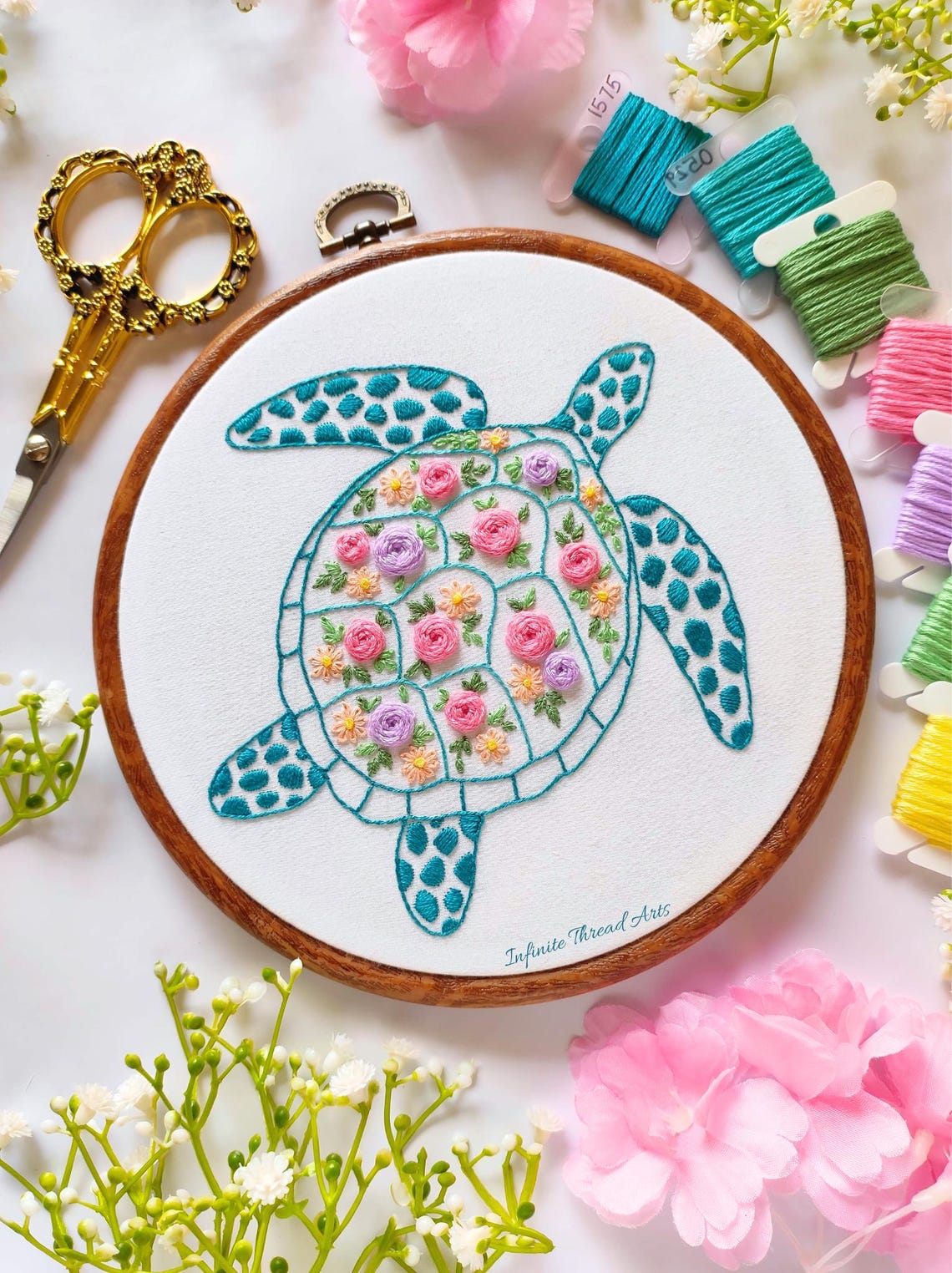 Floral Turtle Hand Embroidery Pattern: Modern DIY Hoop Art (PDF Pattern ...