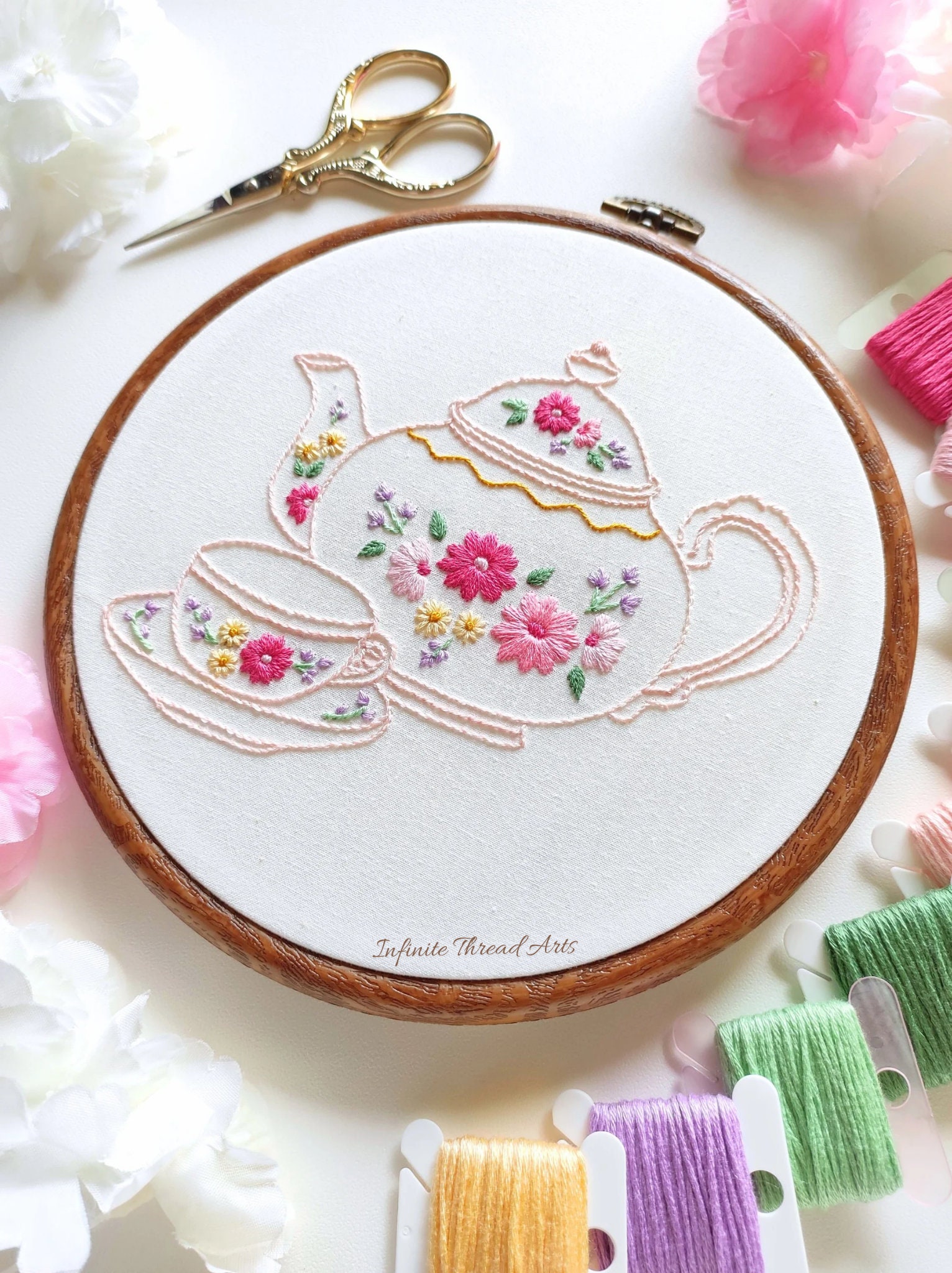 Teapot Floral Hand Embroidery PDF Pattern, Floral Tea Embroidery ...