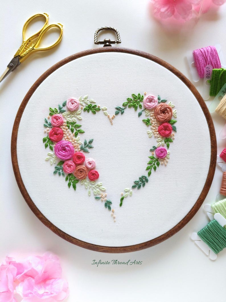 Roses Heart Embroidery Pattern: Valentine's Floral Design (PDF Pattern ...