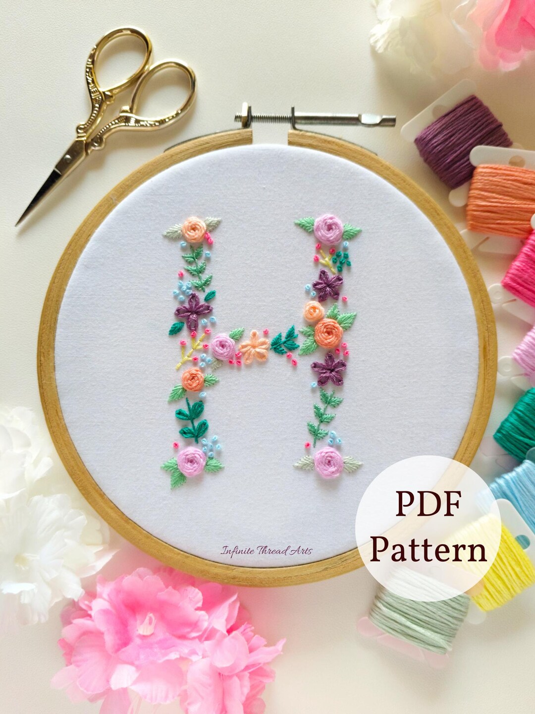 Floral Letter 'H' Embroidery PDF Pattern, Initial Hand Embroidery ...