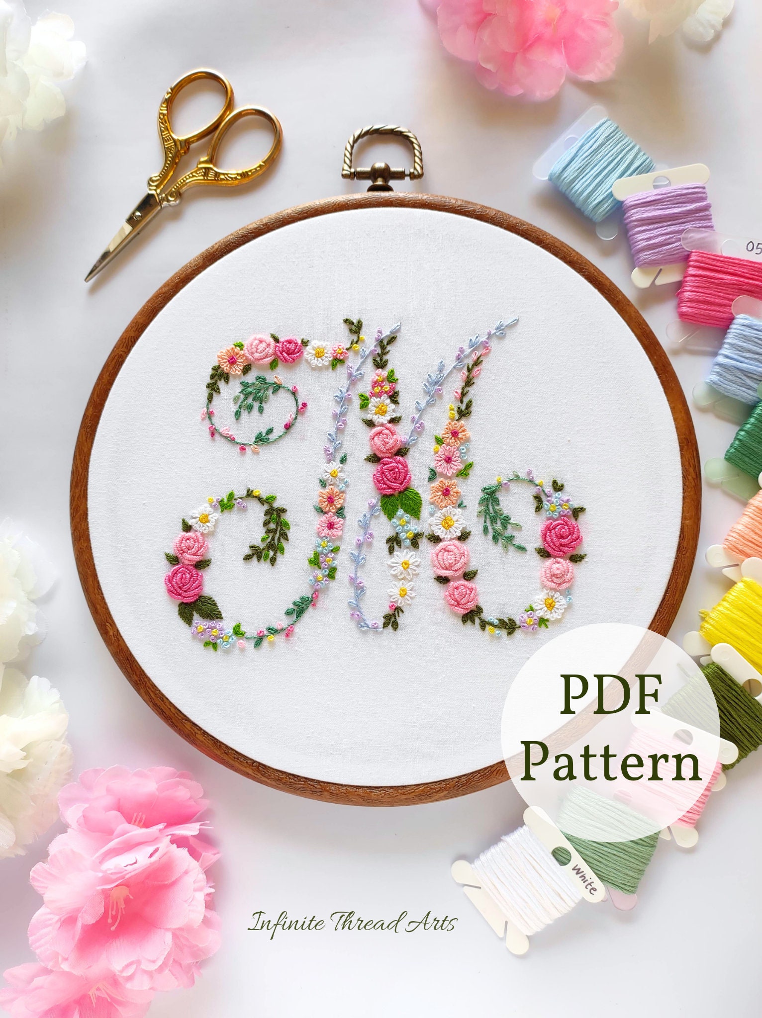 Floral Letter m Embroidery PDF Pattern, Digital PDF Pattern, Instant ...