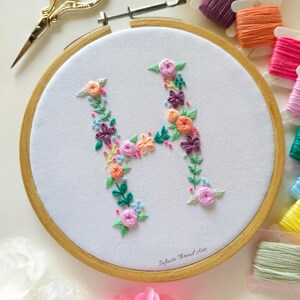 Floral Letter 'H' Embroidery PDF Pattern, Initial Hand Embroidery ...