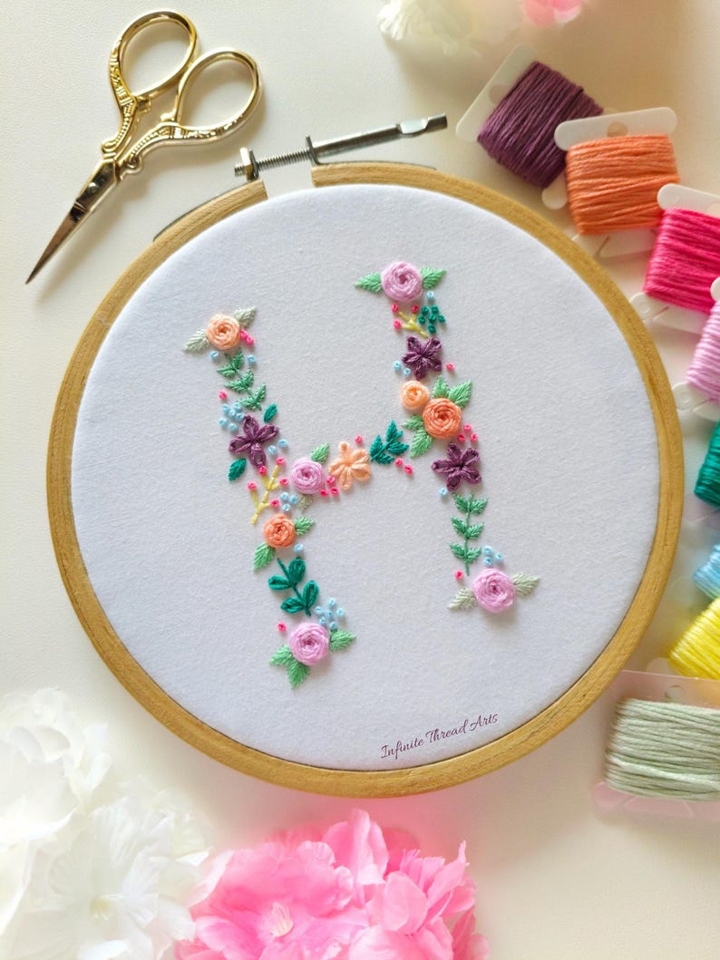 Floral Letter 'H' Embroidery PDF Pattern, Initial Hand Embroidery ...