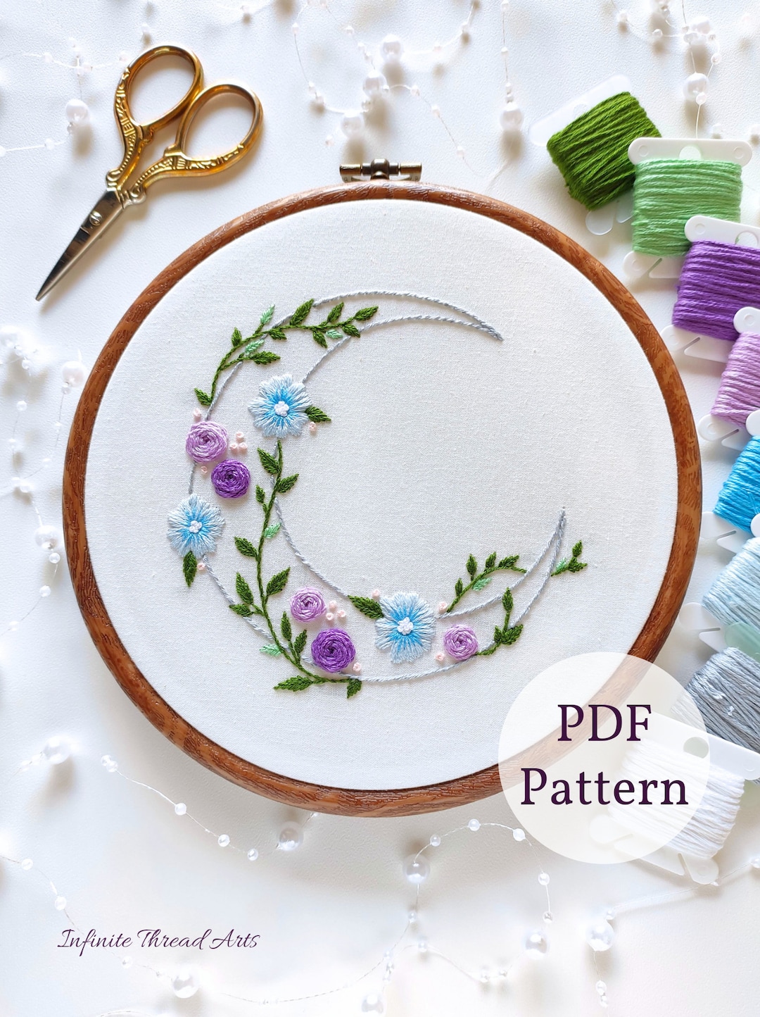 Floral Moon Embroidery PDF Pattern, Crescent Moon Hand Embroidery ...