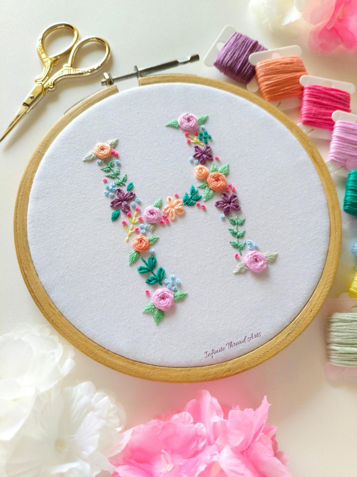 Floral Letter 'H' Embroidery PDF Pattern, Initial Hand Embroidery ...