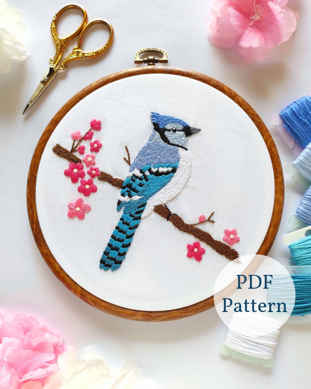 Blue Jay Embroidery Pattern: Floral Bird DIY Hoop Art (PDF Pattern) - Etsy
