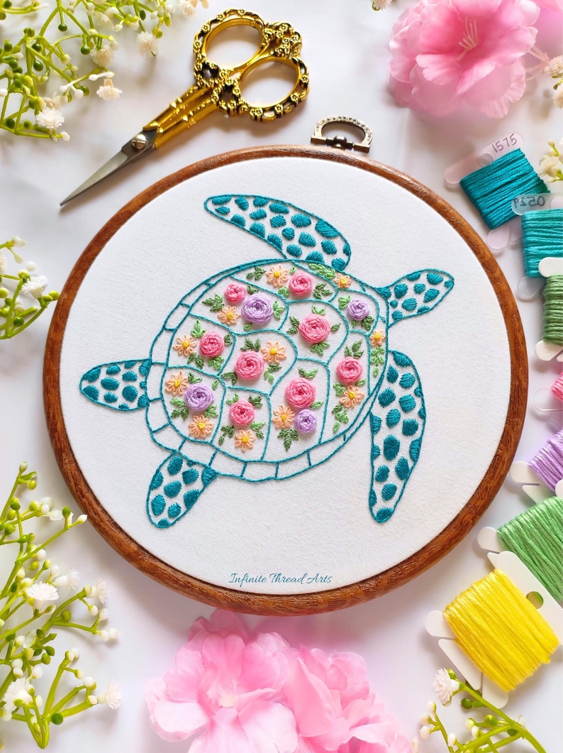 Floral Turtle Hand Embroidery Pattern: Modern DIY Hoop Art (PDF Pattern ...
