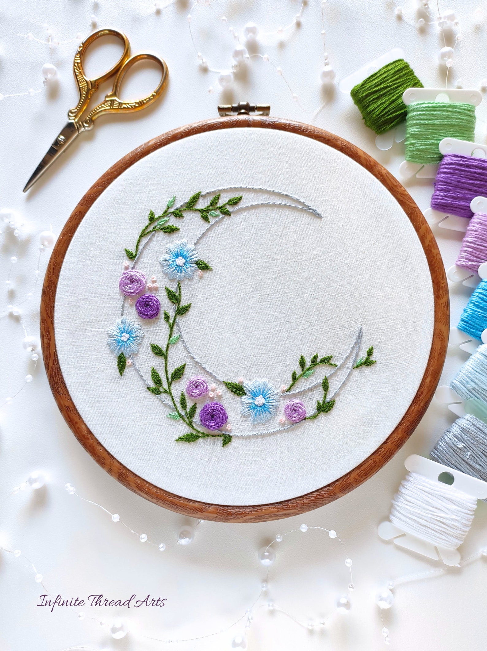 Floral Moon Embroidery PDF Pattern, Crescent Moon Hand Embroidery ...