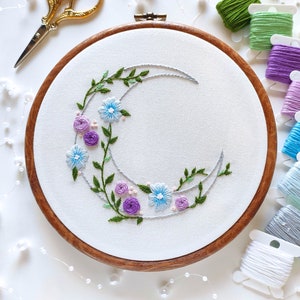 Floral Moon Embroidery PDF Pattern, Crescent Moon Hand Embroidery ...